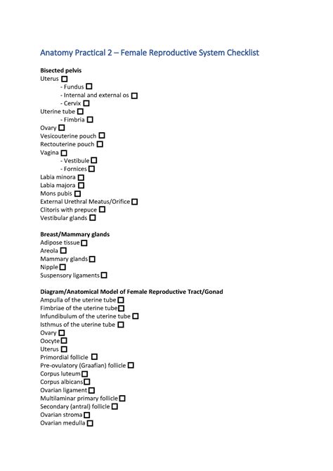 Anatomy Practical 2 Checklist Anatomy Practical 2 Female