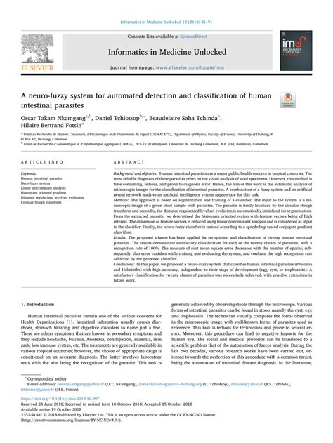 pdf a neuro fuzzy system for automated detection and classification of human intestinal parasites