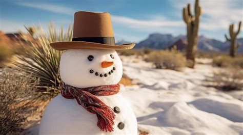 Premium AI Image On A Desert A Snowman Wearing A Red Hat Generative AI