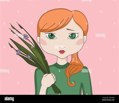 Cartoon Redhead Girl With Flowers In Her Hand Hand Drawn Vector Illustration Stock Vector Image