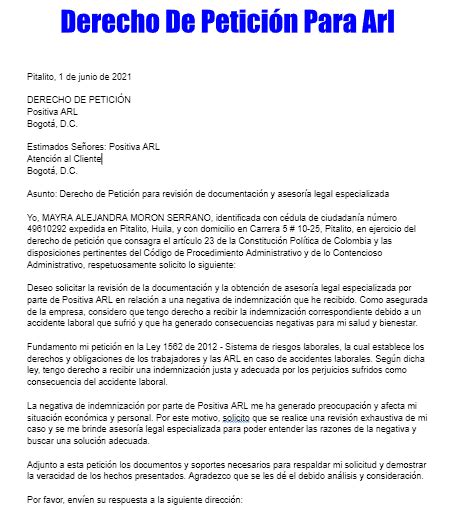 Derecho De Petición Para Arl TramitaloYa co