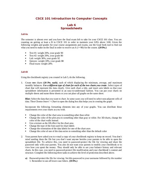 spreadsheets lab 6 introduction to computer concepts csce 101 docsity