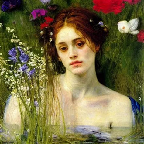 Ophelia In Water With Flowers John Everett Millais By Stable Diffusion