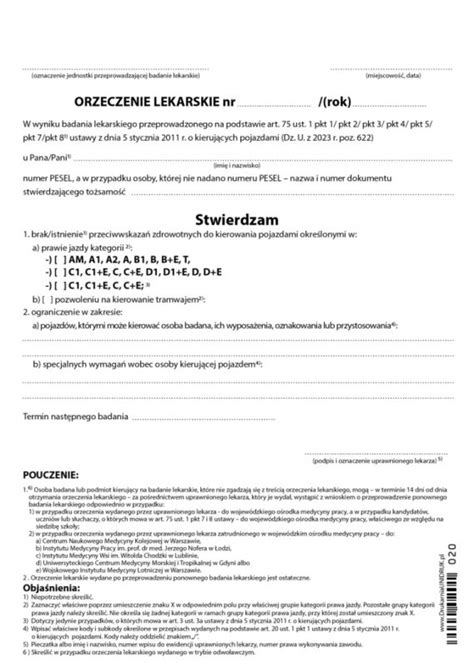 Orzeczenie lekarskie dla kierujących pojazdami druk