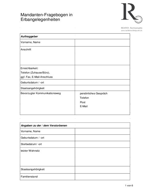 Ausfüllbar Online Mandanten Fragebogen in Fax Email Drucken pdfFiller