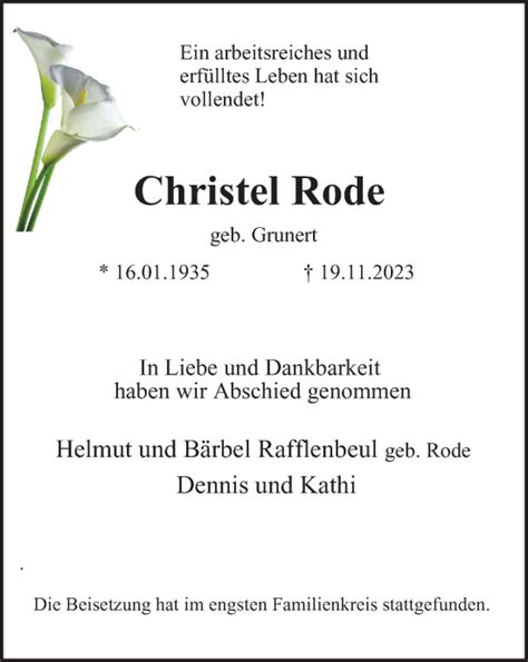 Traueranzeigen Von Christel Rode Trauer In NRW De