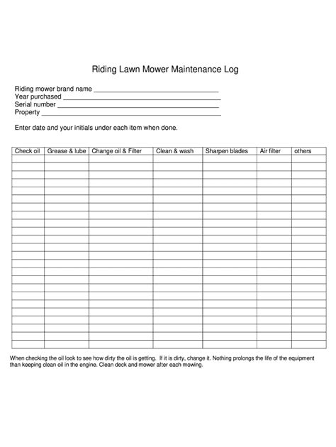 Riding Lawn Mower Maintenance Log Fill And Sign Printable Template