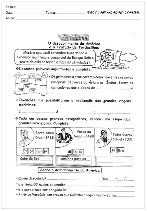 Atividades de História 5º ano Tratado de Tordesilhas Escola Educação