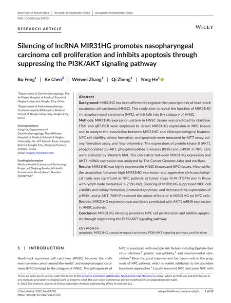 PDF Silencing Of LncRNA MIR31HG Promotes Nasopharyngeal Carcinoma