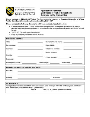 Fillable Online Trinitysaintdavid Ac Cert He Humanities Application