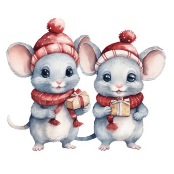 Watercolor Illustration Of A Cute Cartoon Winter Christmas Mouse Set