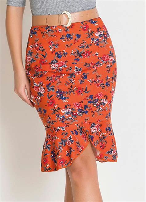 Saia Babado Floral Laranja Moda Evangélica Queima de Estoque