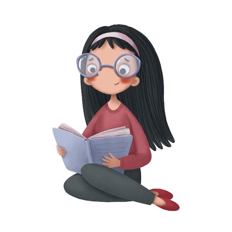 Linda Chica De Dibujos Animados Con Gafas Leyendo Un Libro Vector Premium