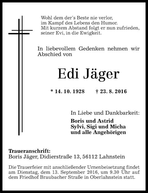 Traueranzeigen von Edi Jäger rz trauer de