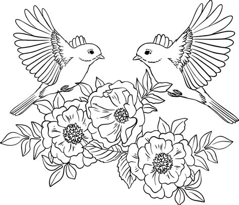 dibujo de dos pájaros sobre flores dibujo vectorial en blanco y negro