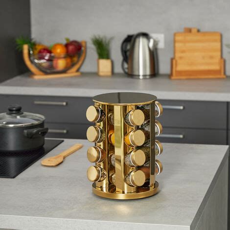 Relaxdays Tourniquet à épices acier inoxydable 16 pots en verre