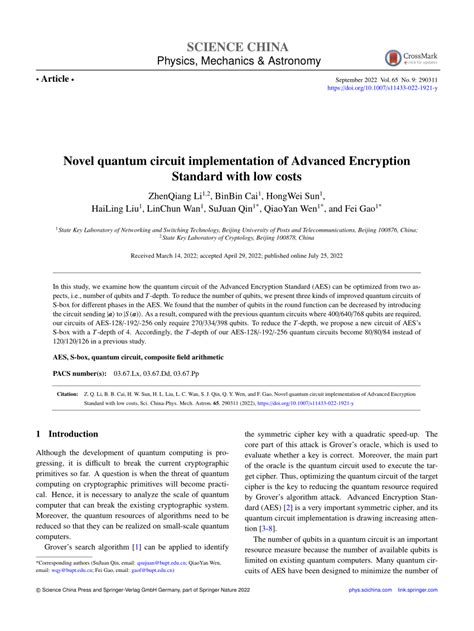 pdf novel quantum circuit implementation of advanced encryption standard with low costs