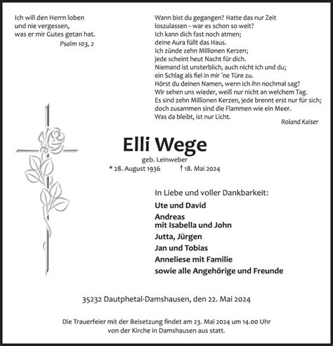 Traueranzeigen Von Elli Wege Vrm Trauer De