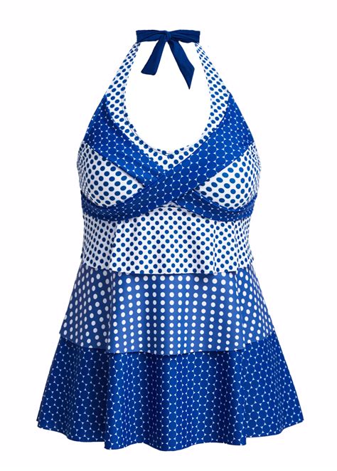 Mid Waisted Polka Dot Layered Sky Blue Tankini Set Rosewe USD