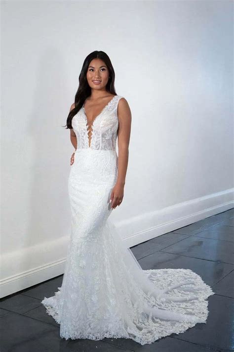 Glamourous Long Sleeve Lace Column Wedding Dress With Sparkle Underlay