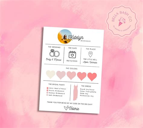 Bridesmaid Info Card Template Bridal Party Info Card Bridesmaid