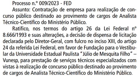 Concurso MP SP banca definida Vunesp organizará o certame Confira