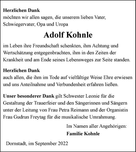 Traueranzeigen von Adolf Kohnle Südwest Presse Trauer