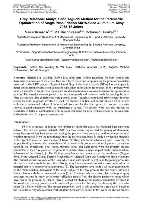 pdf grey relational analysis and taguchi method for the parametric optimization of single pass