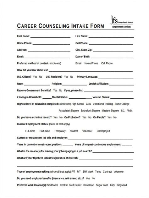 Printable Free 9 Counseling Intake Forms In Pdf Ms Word Counseling