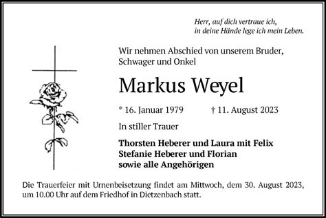 Traueranzeigen Von Markus Weyel Trauer Op Online De