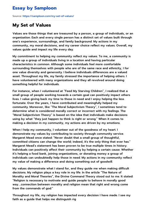 My Set Of Values Free Essay Sample On Samploon