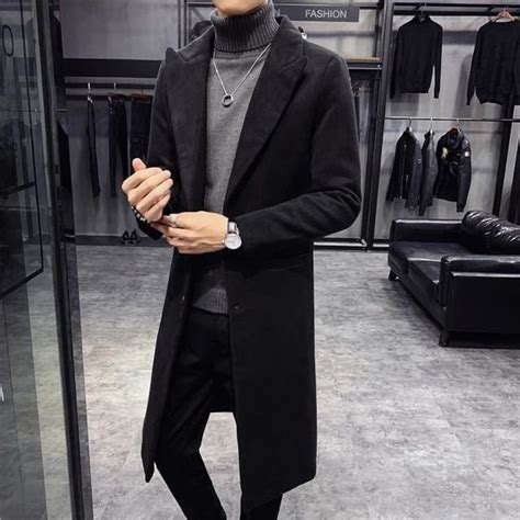 Men Black Woolen Overcoat Vintage Long Trench Coat Men New Jacket Coats