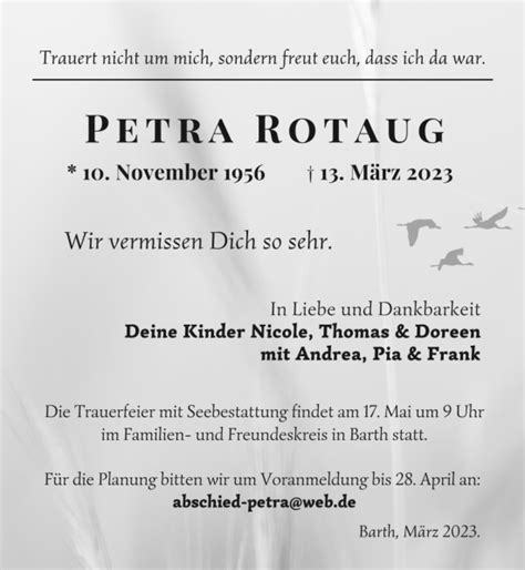 Traueranzeigen Von Petra Rotaug Trauer Anzeigen De