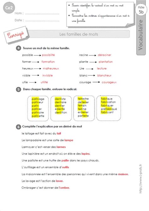 Ce2 Les Familles De Mots Exercices