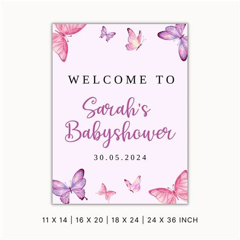 Editable Butterfly Baby Shower Welcome Sign Purple Butterfly Sign