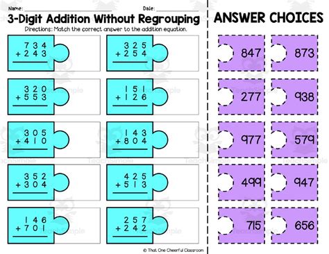 3 Digit Addition Without Regrouping Matching Worksheet By Teach Simple