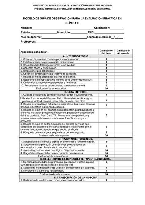 Planilla De Evaluacion Clinica Iii Ministerio Del Poder Popular