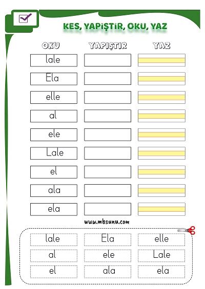 1 Sınıf İlk Okuma A Sesi Kes Yapıştır Oku Yaz Etkinliği Mbsunu