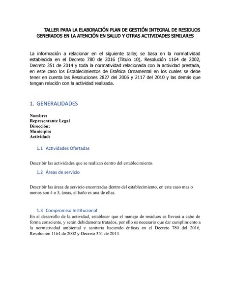 Elaboración PLAN DE Gestión Integral DE Residuos Generados EN LA