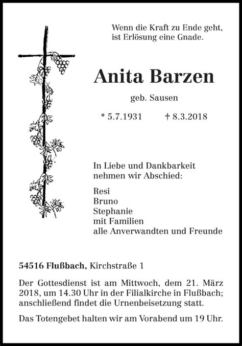 Traueranzeigen Von Anita Barzen Volksfreund Trauer De