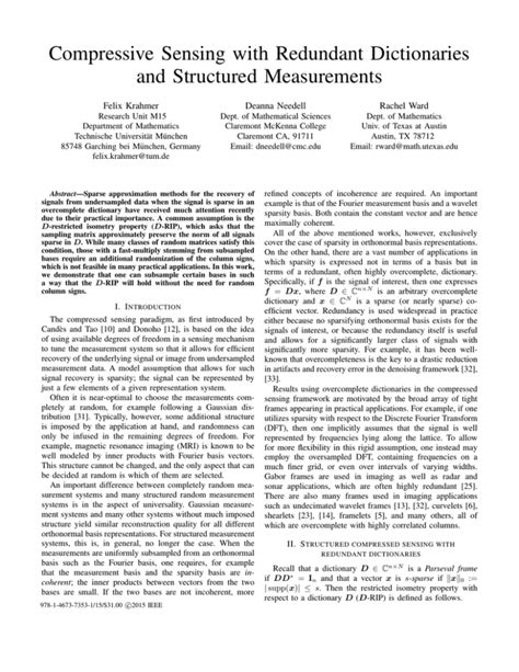 compressive sensing with redundant dictionaries and structured measurements felix krahmer deanna