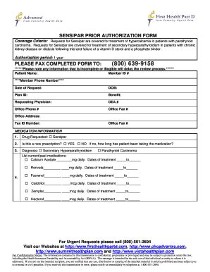 Sensipar Prior Authorization Criteria Fill Online Printable