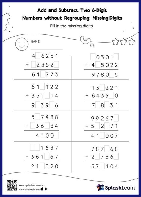 add and subtract two 6 digit numbers without regrouping missing digits math worksheets