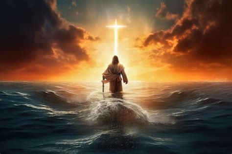 Imagen de jesucristo caminando sobre el agua y orando a dios tecnología