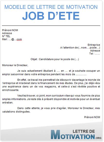 Lettre de motivation exemple pour job d été laboite cv fr