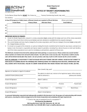 Fillable Online STRATA PROPERTY ACT FORM K NOTICE OF TENANT S Fax