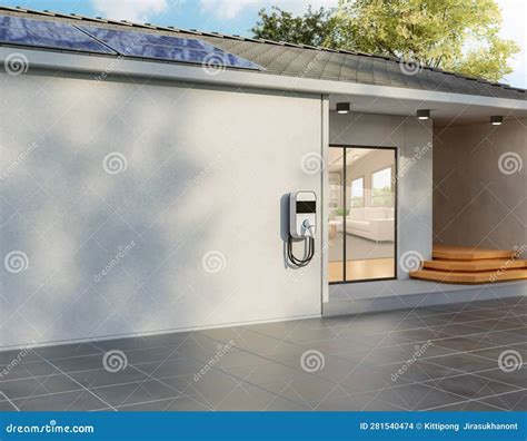 Solar Panel On Roof Generate Electricity For Home Garage With Ev