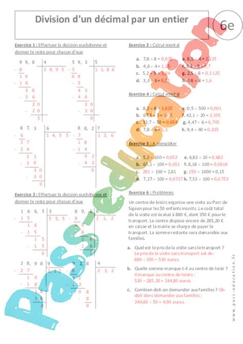 Division d un décimal par un entier Exercices corrigés 6ème