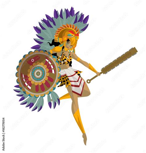 Aztec Female Warrior With Shield And Club Stock Vector Adobe Stock