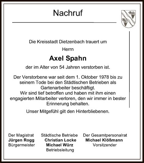 Traueranzeigen Von Axel Spahn Trauer Op Online De